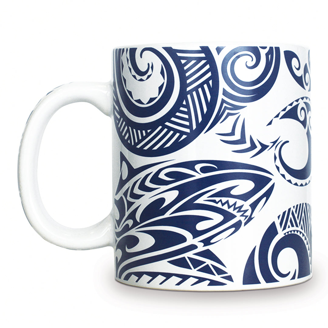Mug, Tribal Shark Blue, 14 oz. | Metallic Glaze Design – Our Island ...